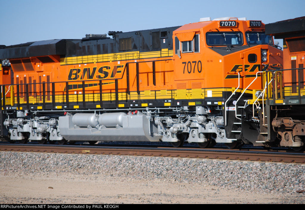 BNSF 7070 close up shot as She Heads eastbound as a #3 unit on a Stack Train.